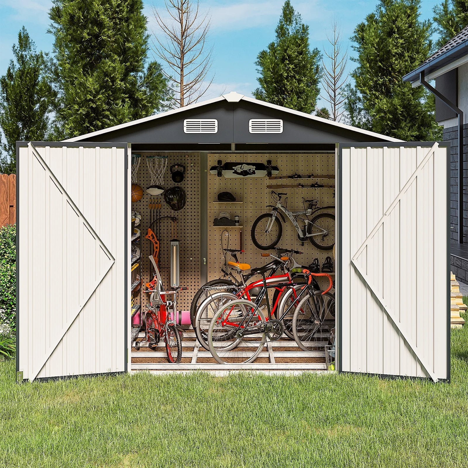 8’x 6’ Outdoor Storage Shed with Base Frame, Metal Garden Tool Shed wi