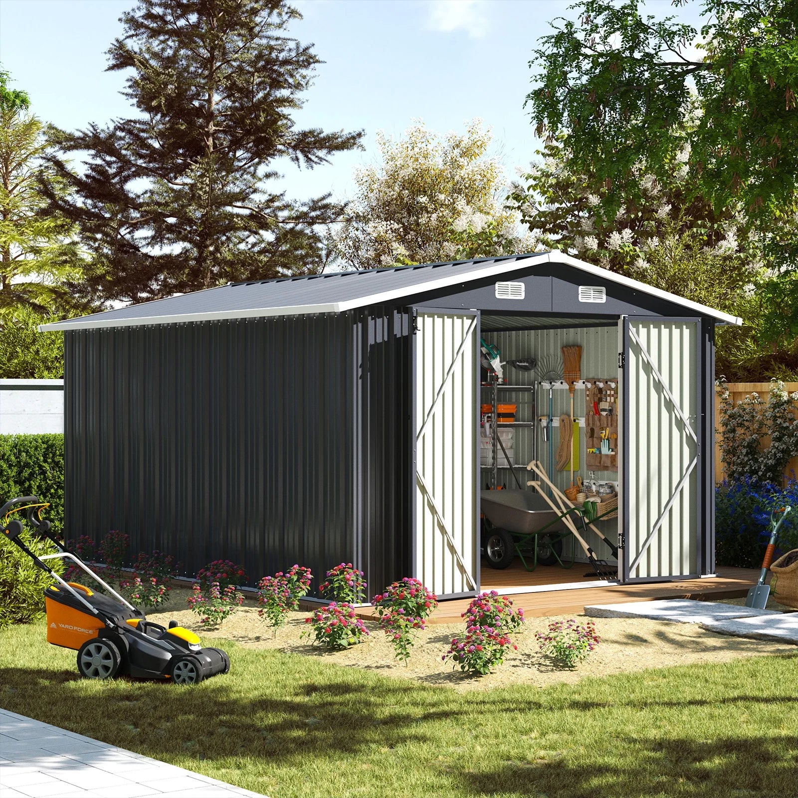 11.9x9.5 ft Outdoor Storage Shed, Galvanized Metal Shed with Lockable