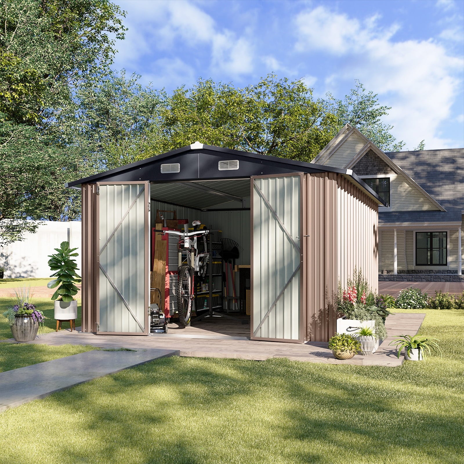 11.9x9.5 ft Outdoor Storage Shed, Galvanized Metal Shed with Lockable