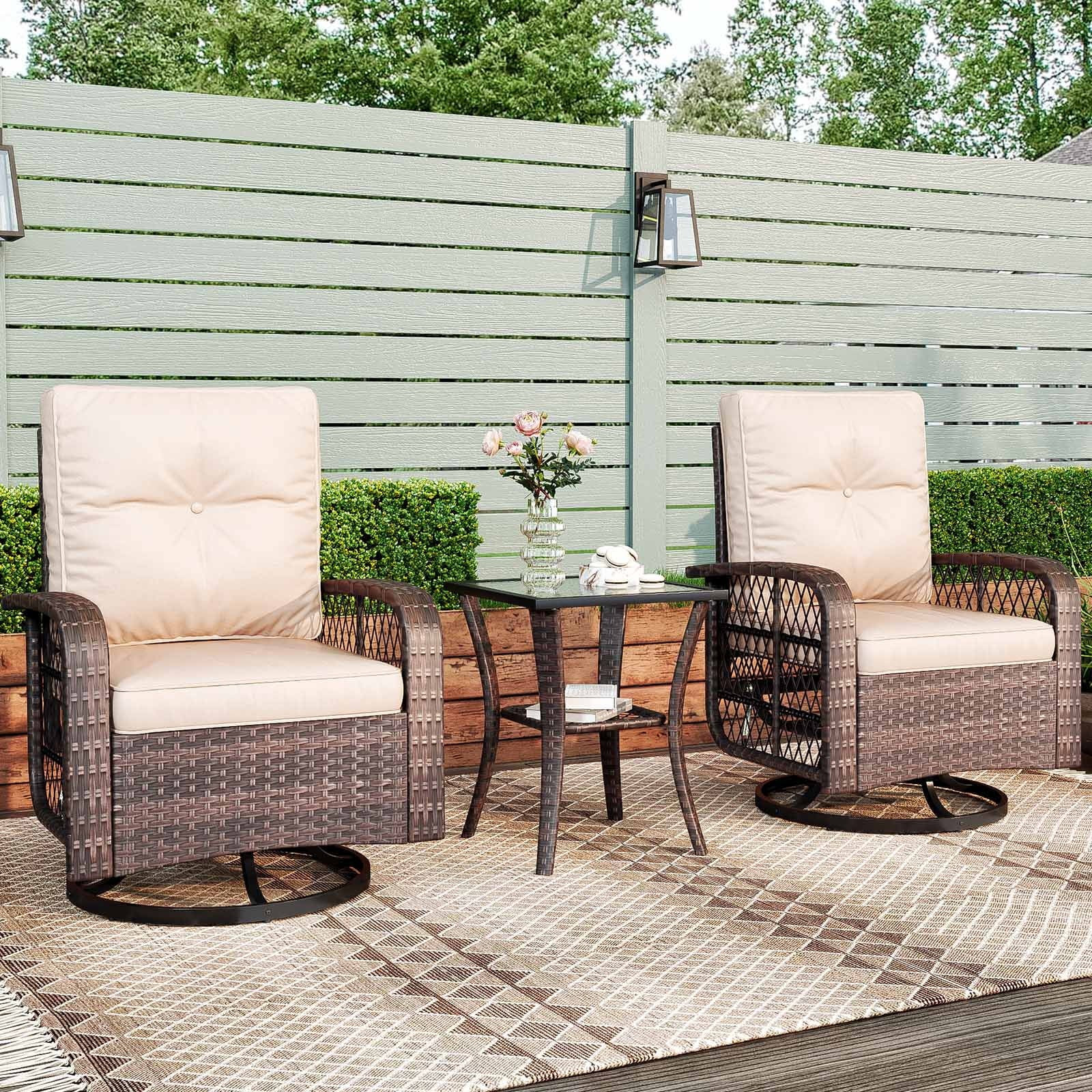 3 Pcs Patio Furniture Set, 360 Degree Swivel Rocking Chairs, Wicker Bi