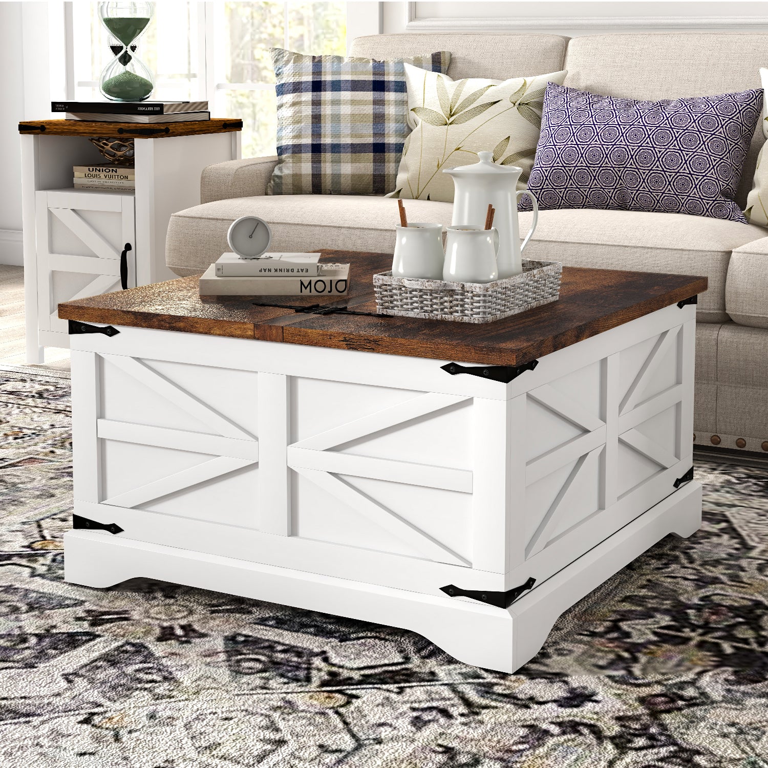 Farmhouse Coffee Table, Square Wood Center Table with Large Storage Sp