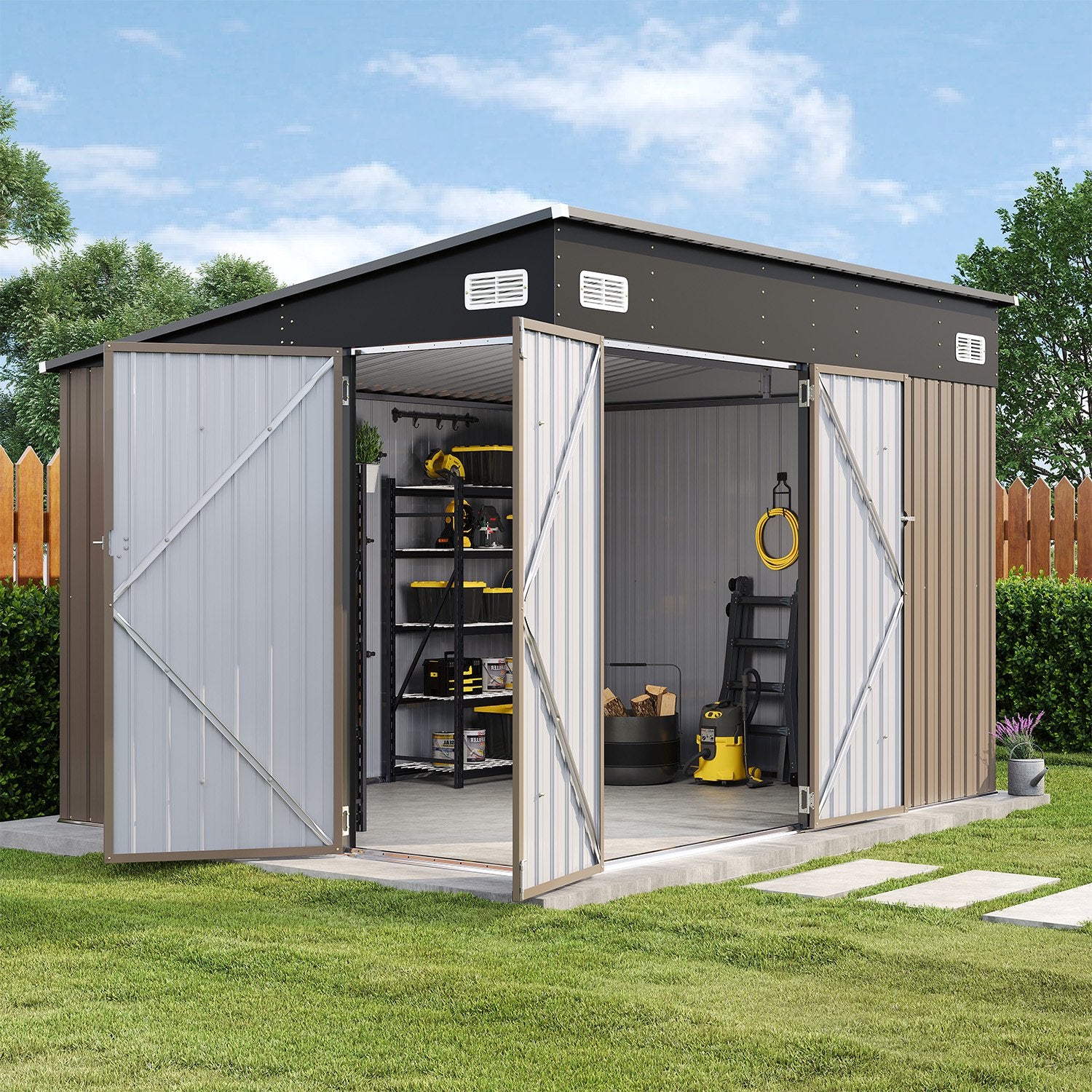 Sunmthink 10' x 8' Metal Storage Shed with Triple Doors, Lockable Lean