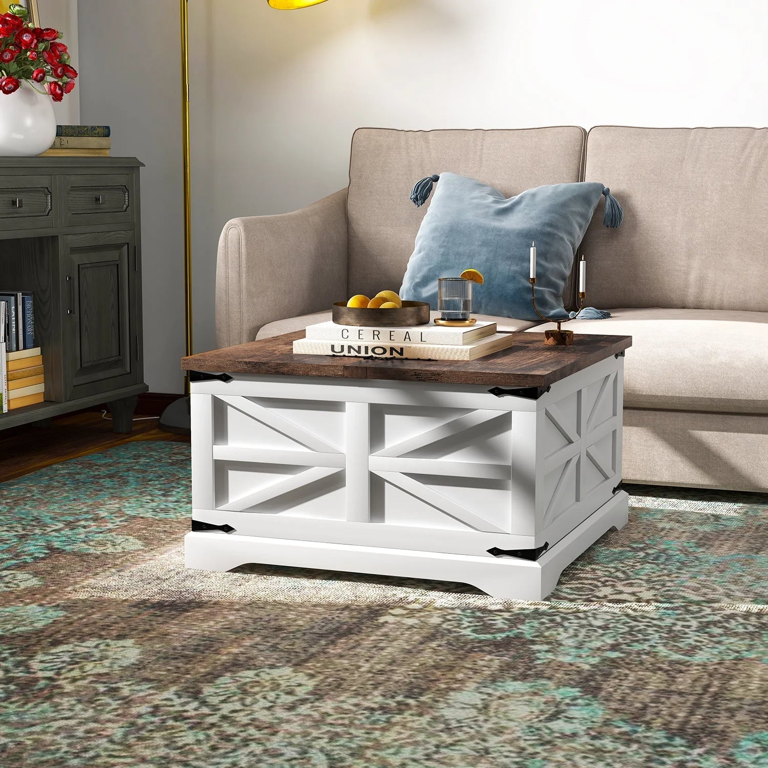 Farmhouse Coffee Table, Square Wood Center Table with Large Storage Sp
